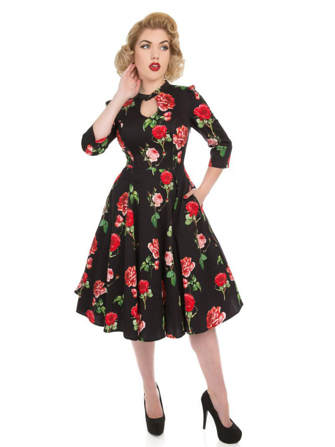 Fekete retro pin up ruha újjakkal Piros rózsák | Dedoles